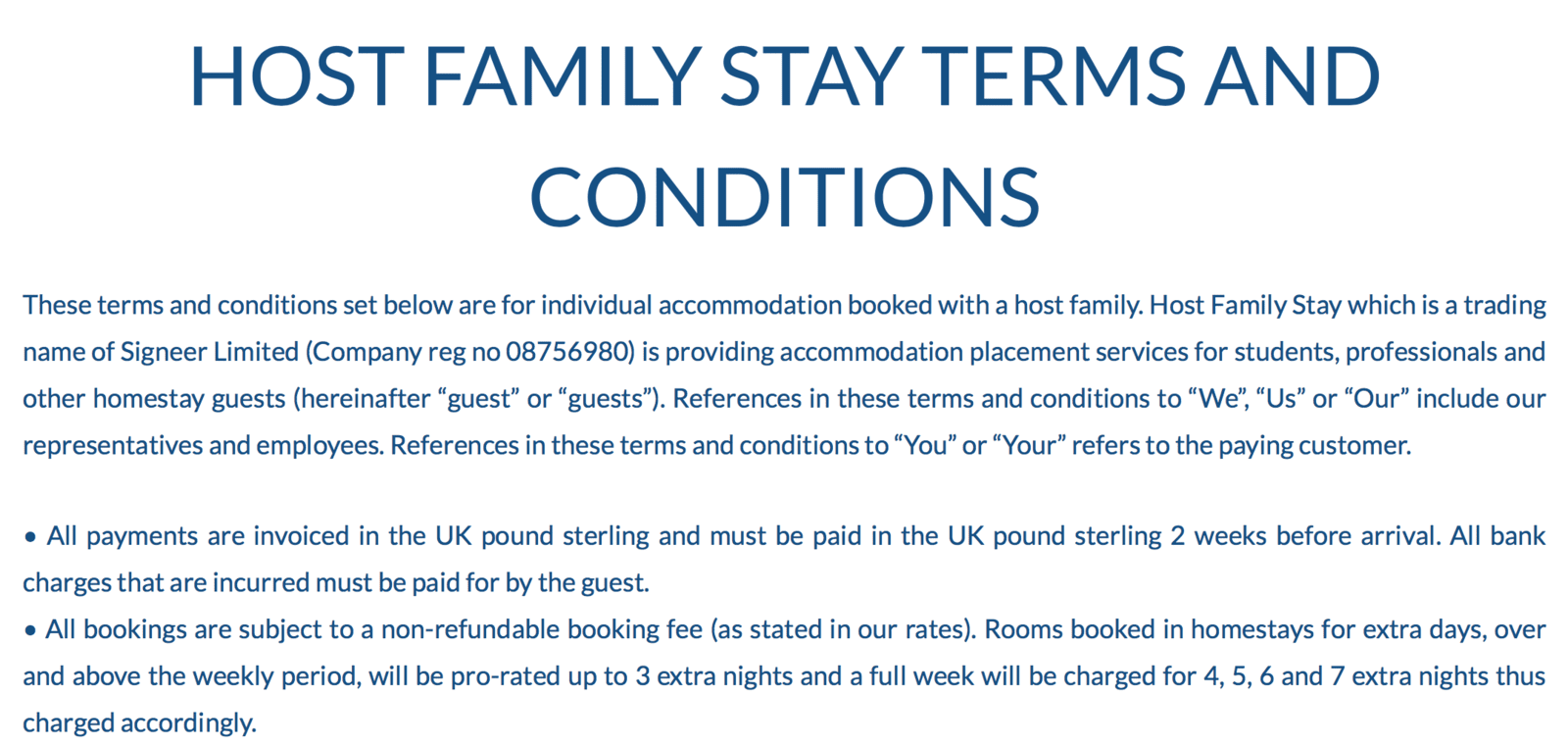 Host Family Stay - Terms & Conditions